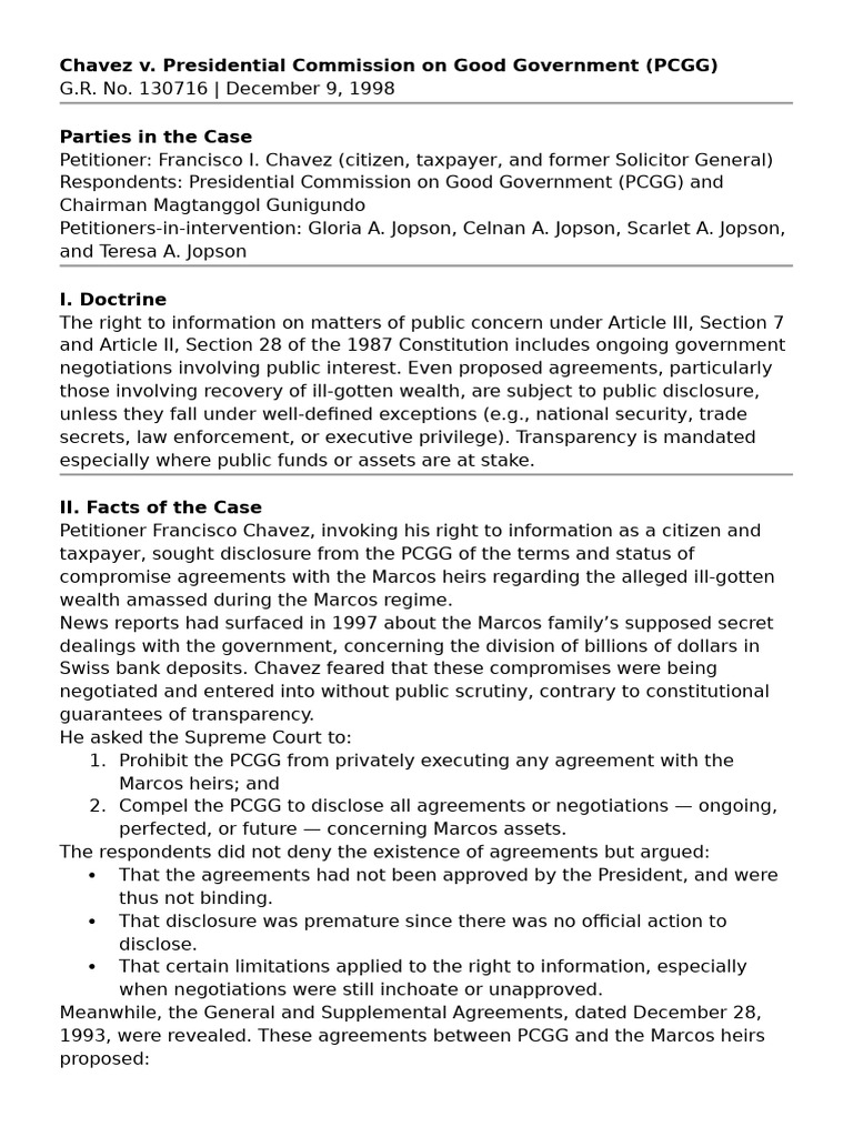 Chavez vs. PCGG: Right to Information Case | PDF | Discovery (Law ...