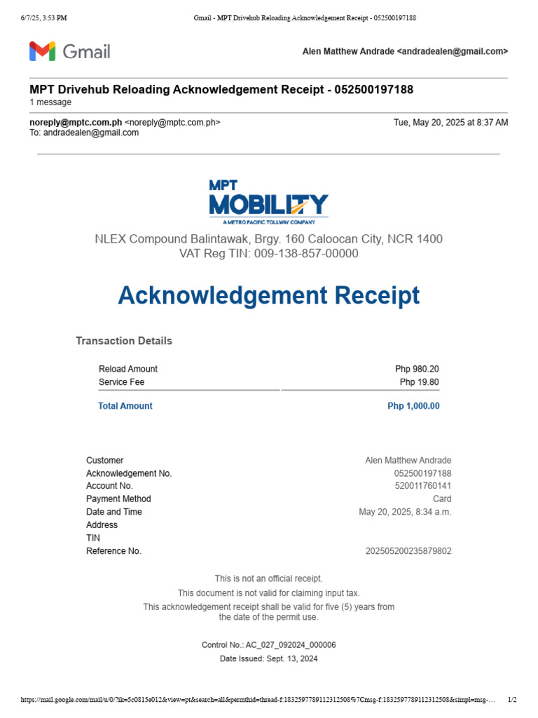 Gmail - MPT Drivehub Reloading Acknowledgement Receipt - 052500197188 ...