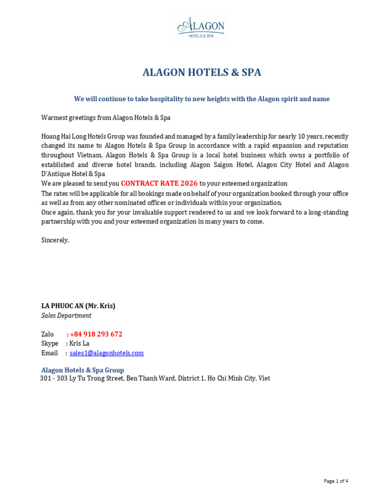 Alagon Hotels Contract Rates 2026 | PDF | Ho Chi Minh City | Vietnam