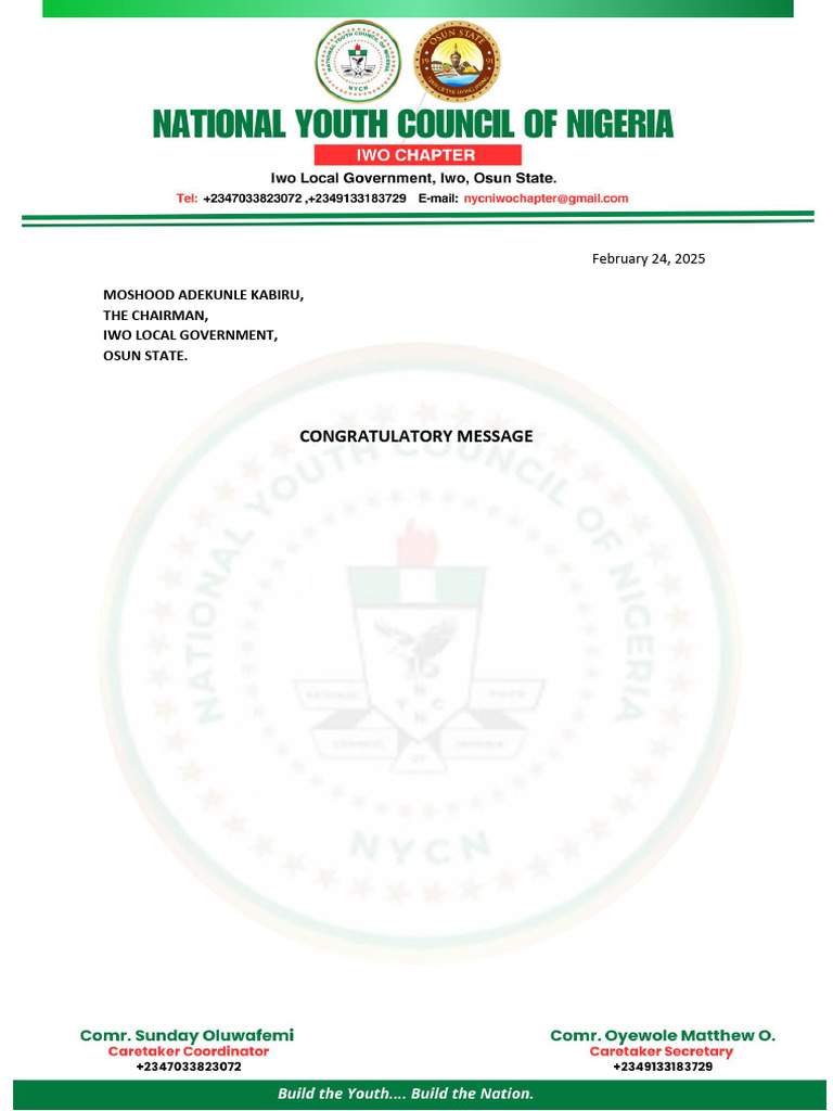 Congratulatory Message On Your Election and Swearing | PDF