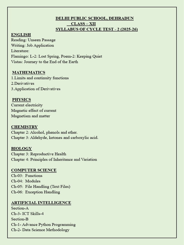 XII-CYCLE TEST - 2 -SYLLABUS-2025 | PDF
