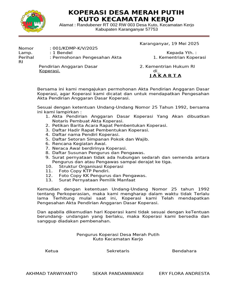 Berita Acara Pendirian Kopdes KUTO | PDF