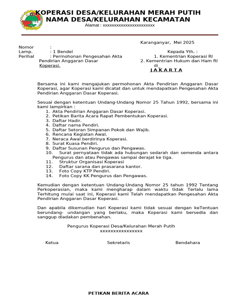 PERMOHONAN BH Kopdes Kopkel Merah Putih | PDF