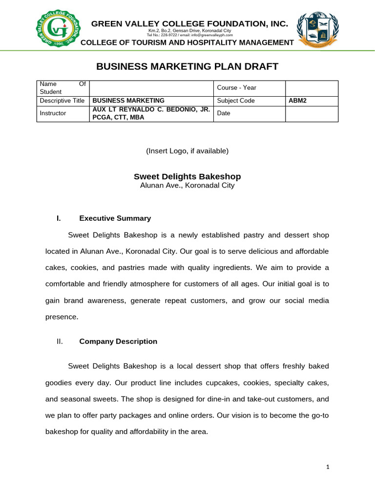 Business Marketing Plan Draft Final Requirement | PDF | Bakery | Desserts