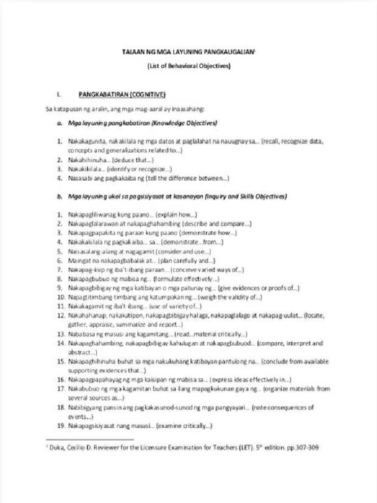 06 Talaan NG Mga Layuning Pangkaugalian | PDF