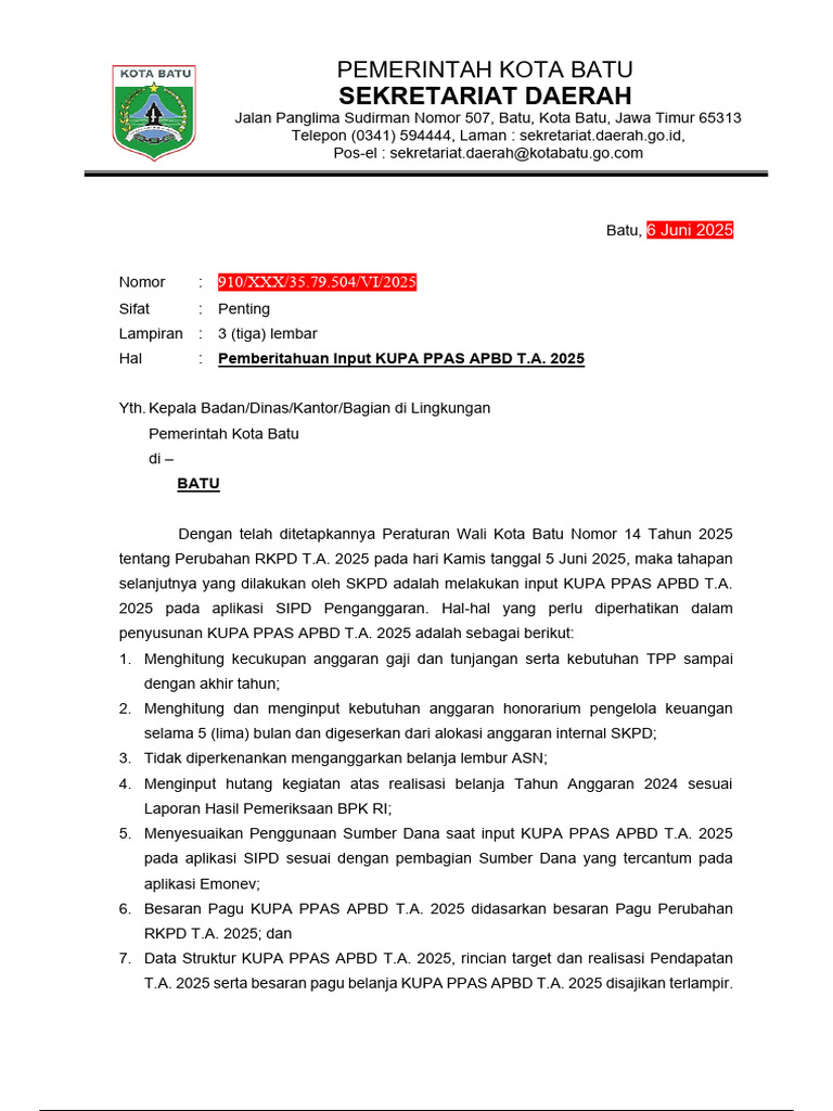 Surat Pemberitahuan Input Perubahan KUA PPAS Tahun Anggaran 2025 - Draft | PDF