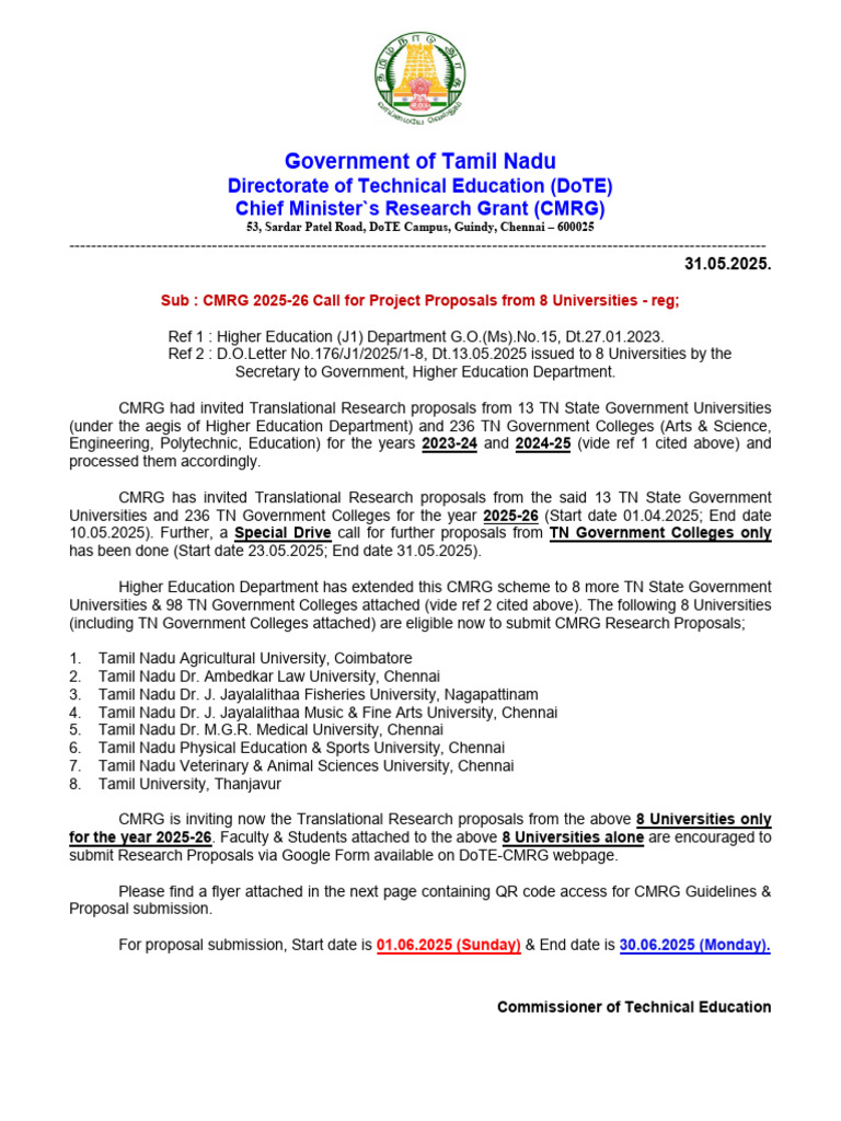 CMRG 2025-26 Call For Proposals From 8 Universities-Notification | PDF