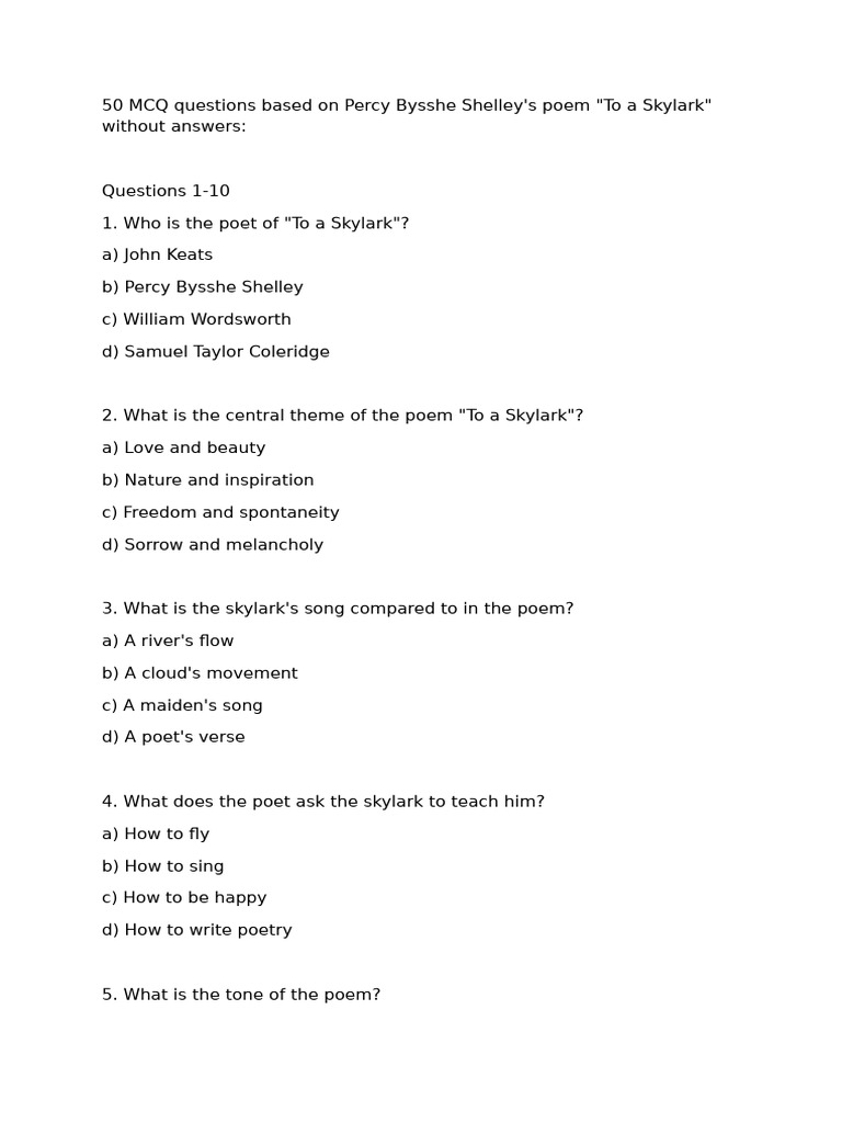 To A Skylark MCQ Questions | PDF | Poetry | Creativity