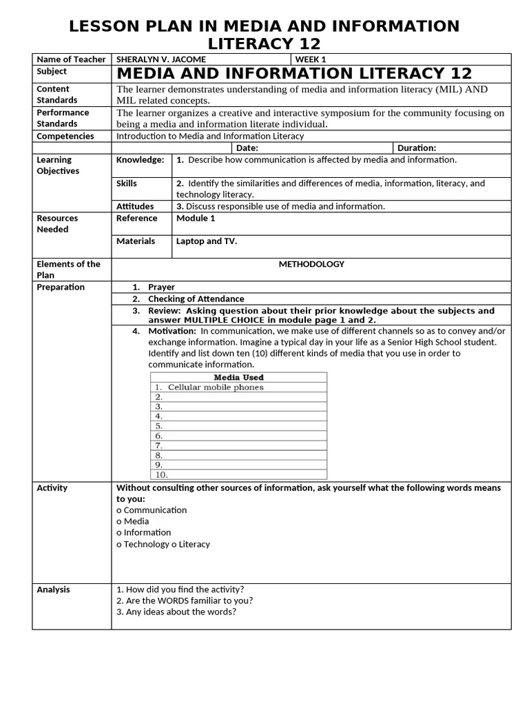 Lesson Plan Week 1 and 2 | PDF | Information Literacy | Information