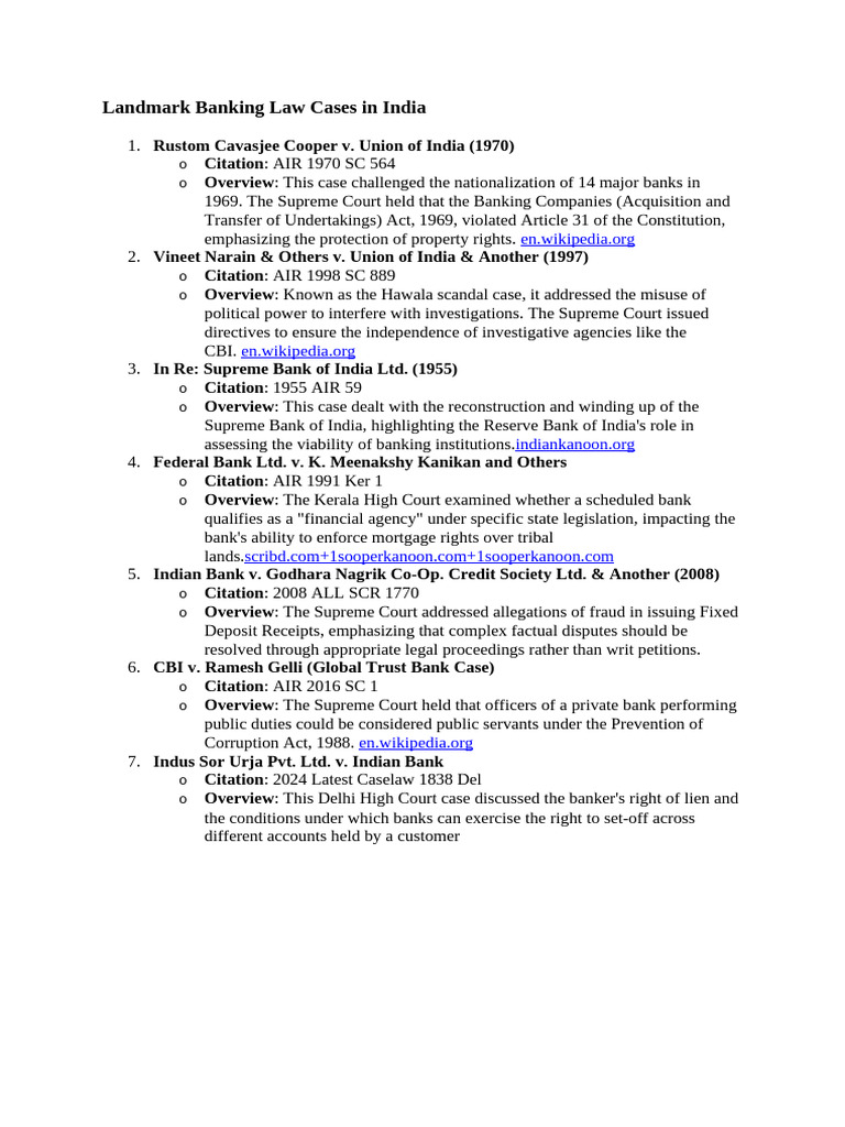 Landmark Banking Law Cases in India | PDF | Banks | Supreme Court Of ...