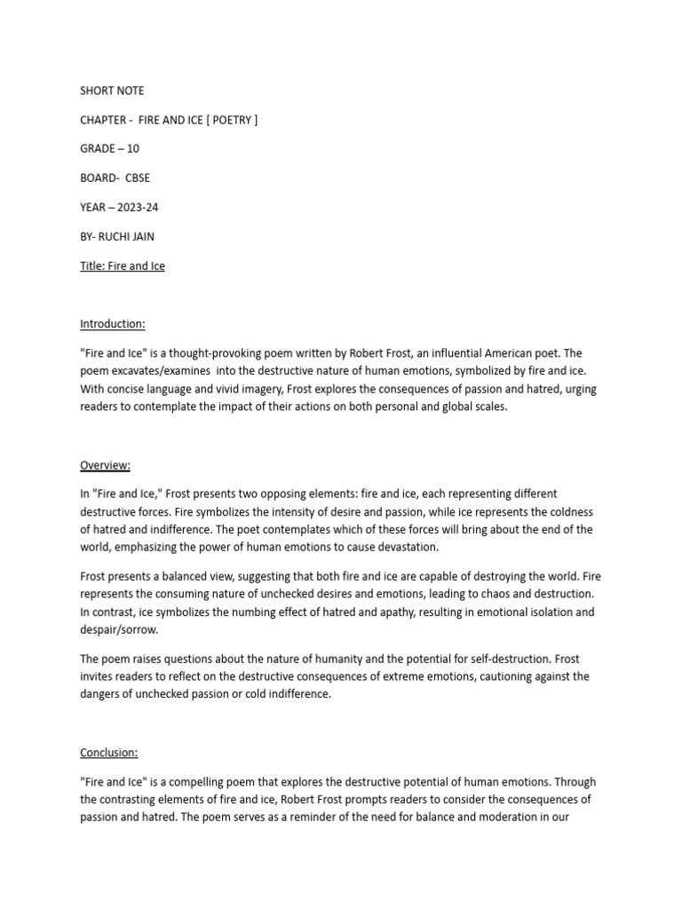 Fire and Ice Short Notes English | PDF