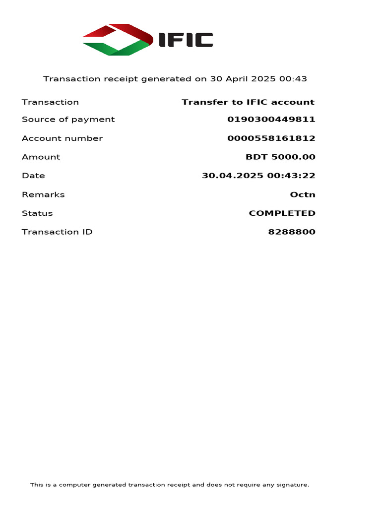 Transaction Receipt for BDT 5000 Transfer | PDF