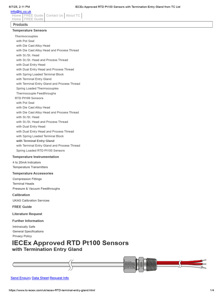 IECEx Approved RTD Pt100 Sensors With Termination Entry Gland From TC ...