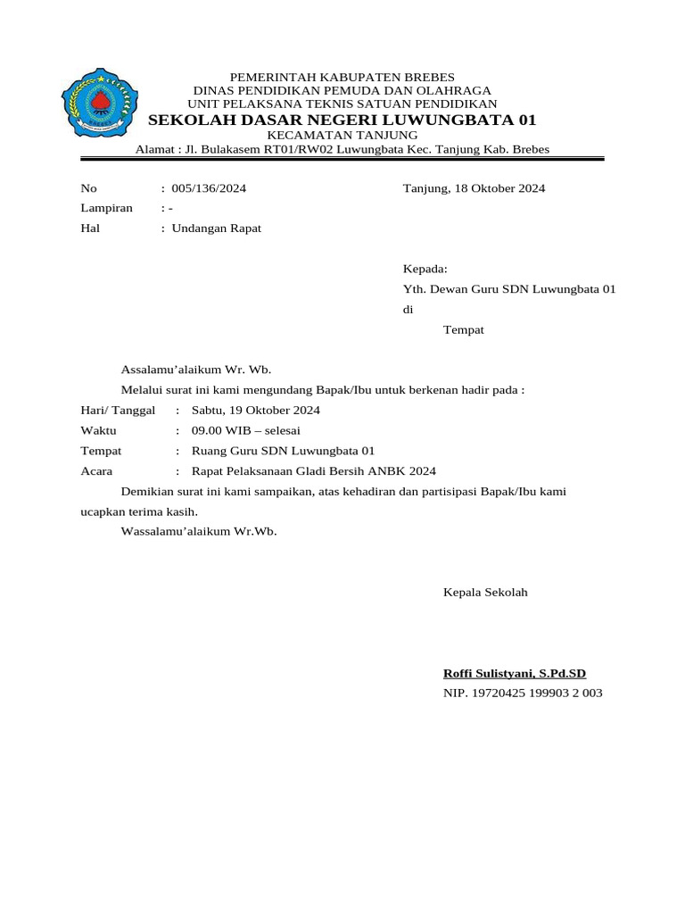 Surat Undangan Rapat - Rapat Pelaksanaan Gladi Anbk | PDF