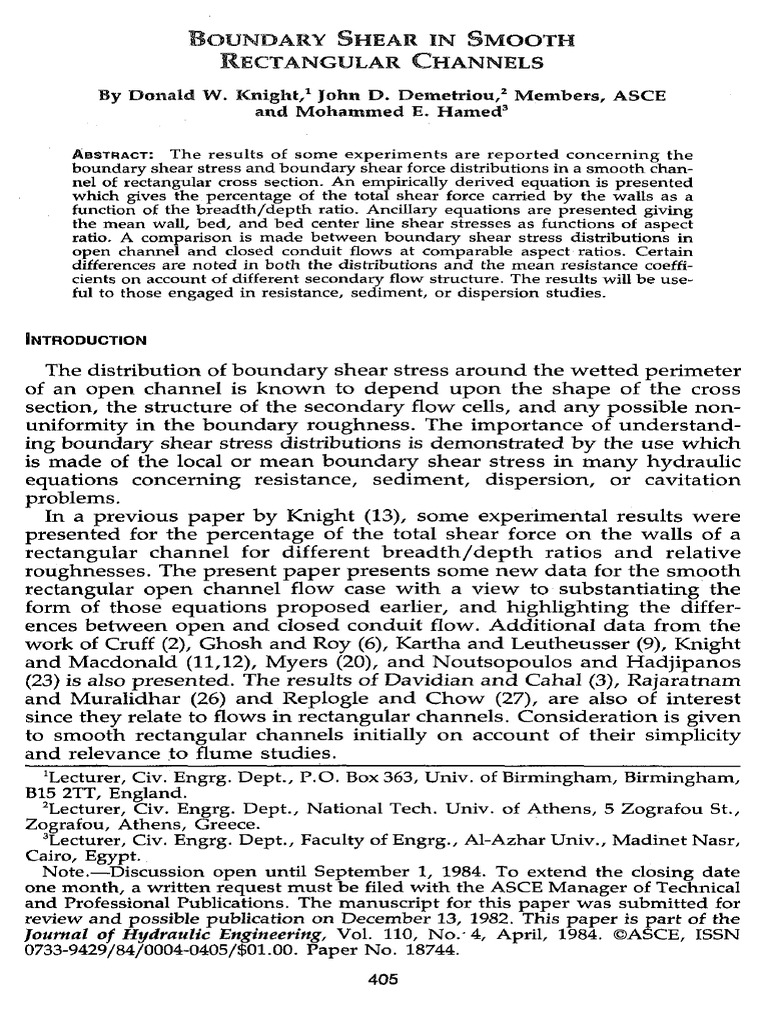 Boundary Shear in Smooth Rectangular Channels | PDF | Shear Stress ...