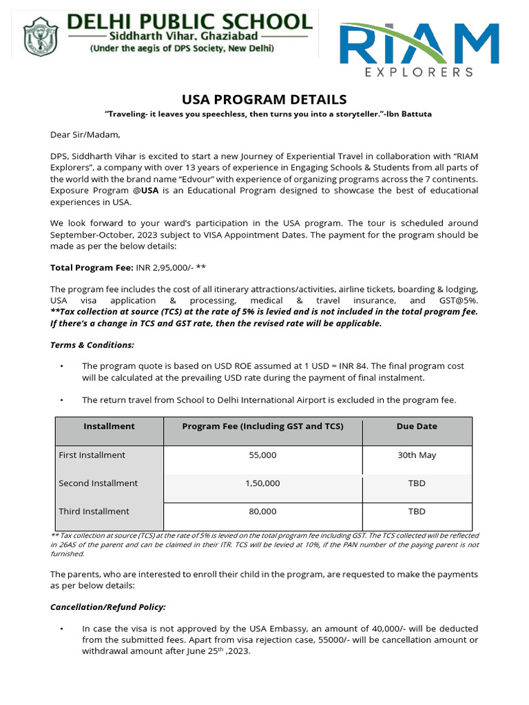 USA Tour Programme Details | PDF | Taxes | Payments