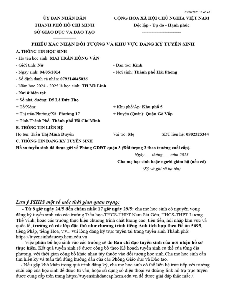 PhieuThongTinHocSinh Maitranhongvan 2A3A | PDF