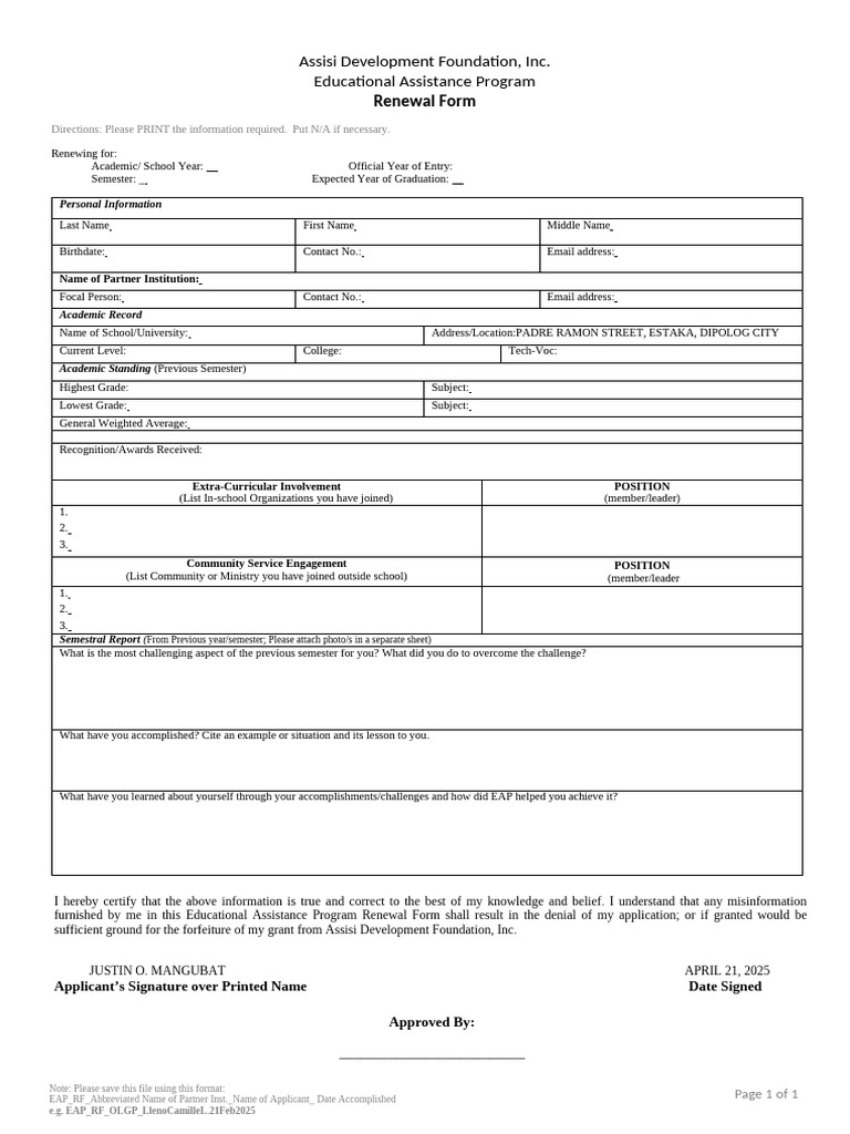 EAP Renewal Form Instructions | PDF