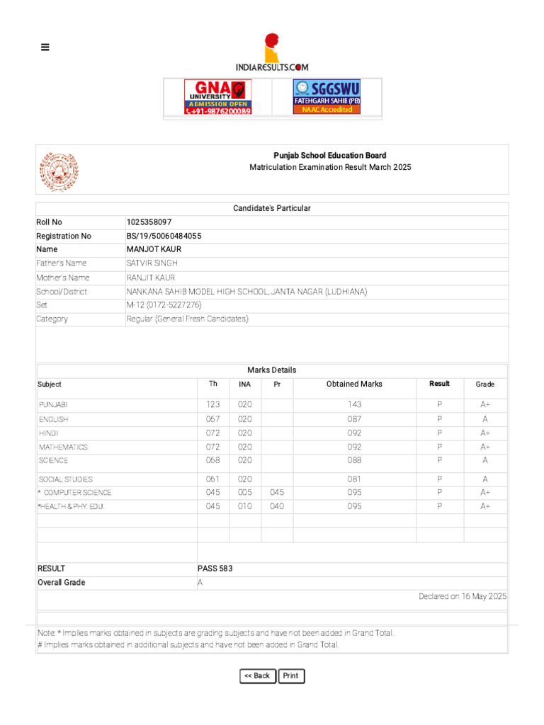 Matriculation Examination Result March 2025 - Punjab School Education Board | PDF | Punjab