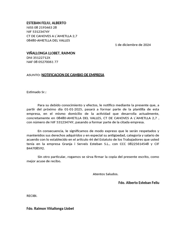 Carta Subrogacion Emp - Entrante Raimon Viñallonga Llobet | PDF