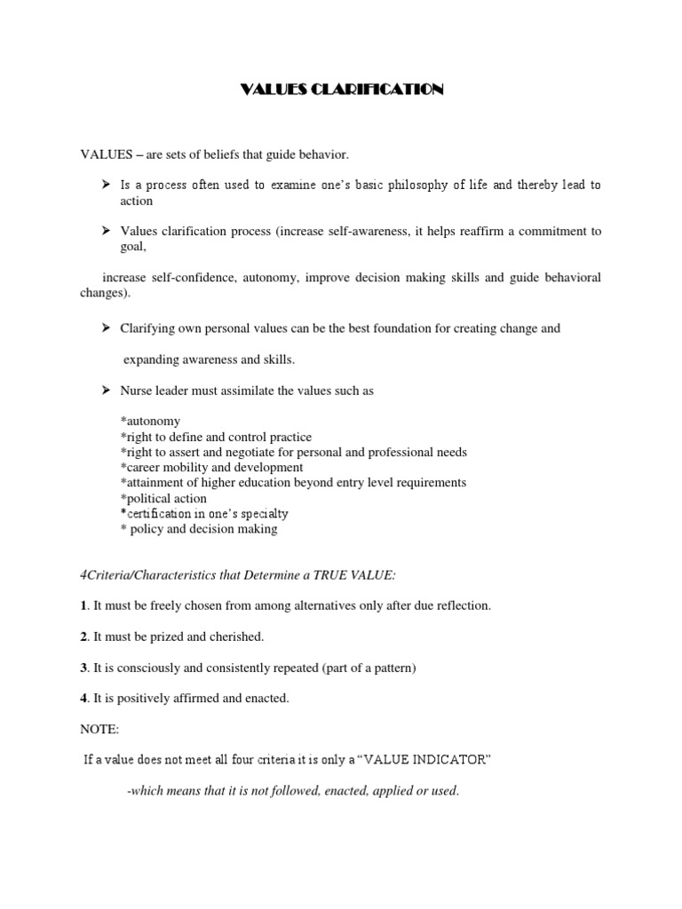 Values Clarification 1 | PDF | Value (Personal And Cultural) | Nursing