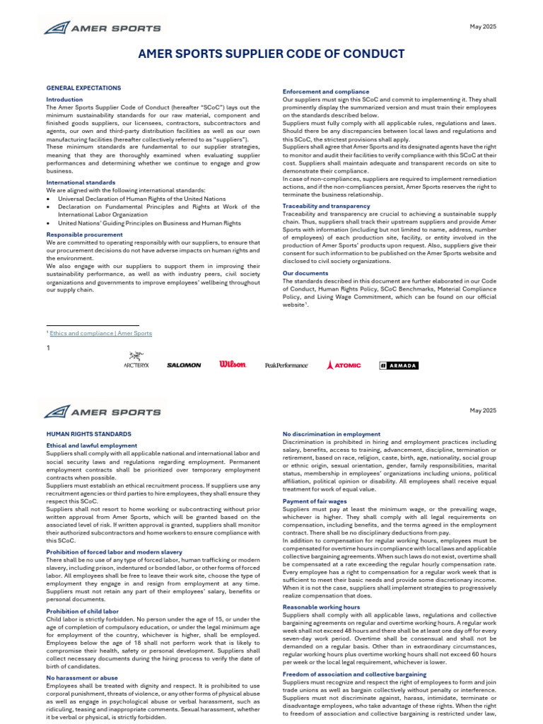Amer Sports Supplier Code of Conduct | PDF | Employment | Supply Chain