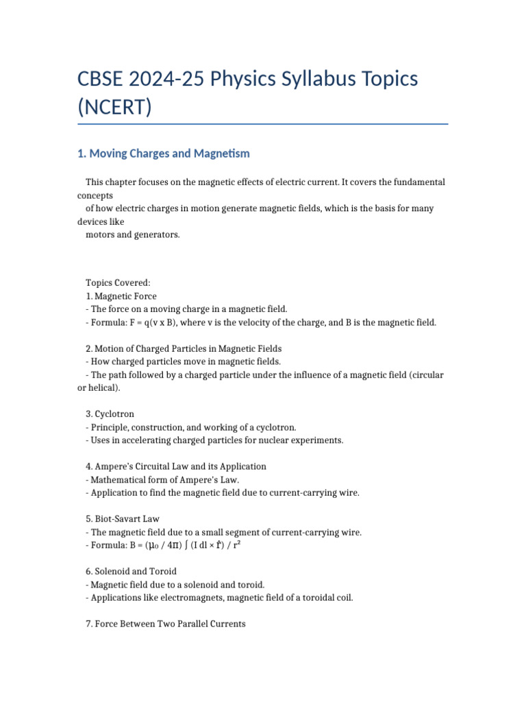 CBSE Class 12 Physics Syllabus 2024-25 | PDF | Electromagnetic ...
