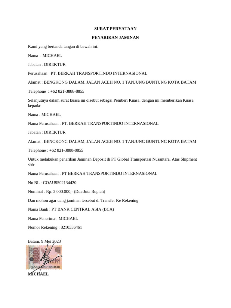 Format Surat Kuasa Penarikan Jaminan | PDF