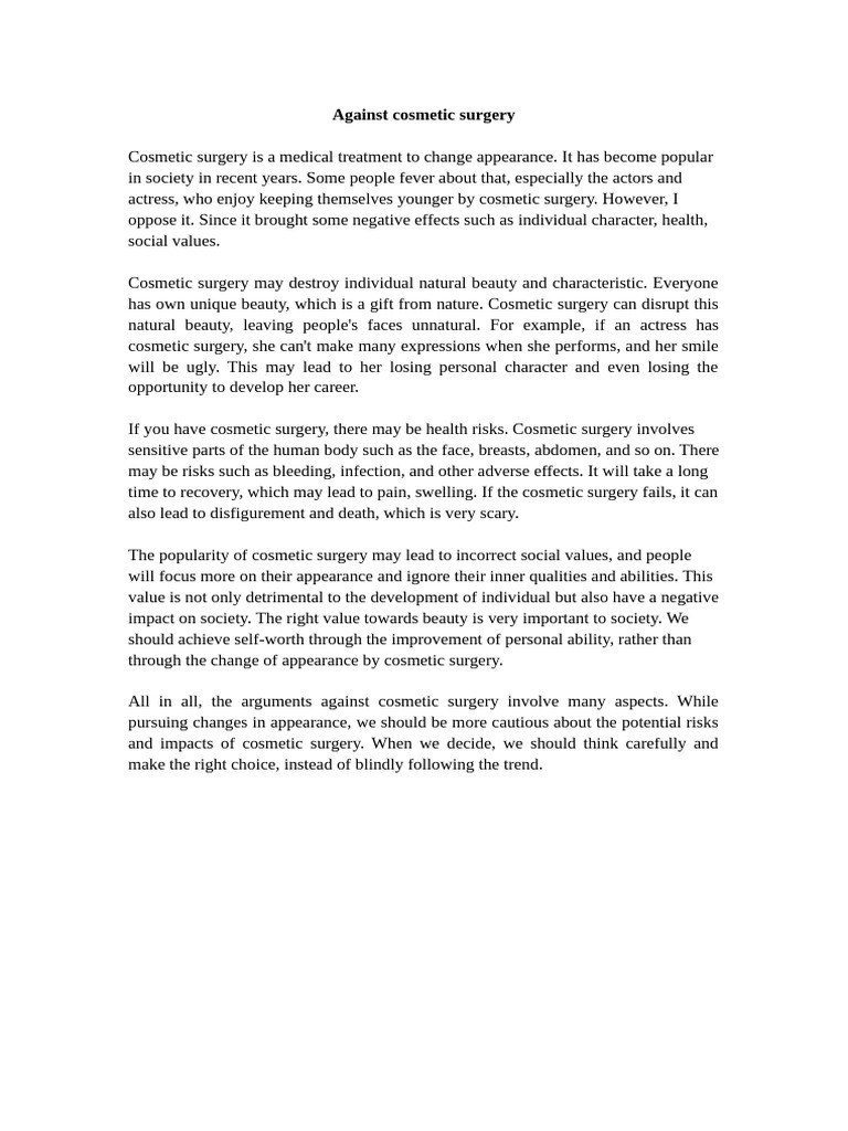 Writing Task - Against Cosmetic Surgery | PDF