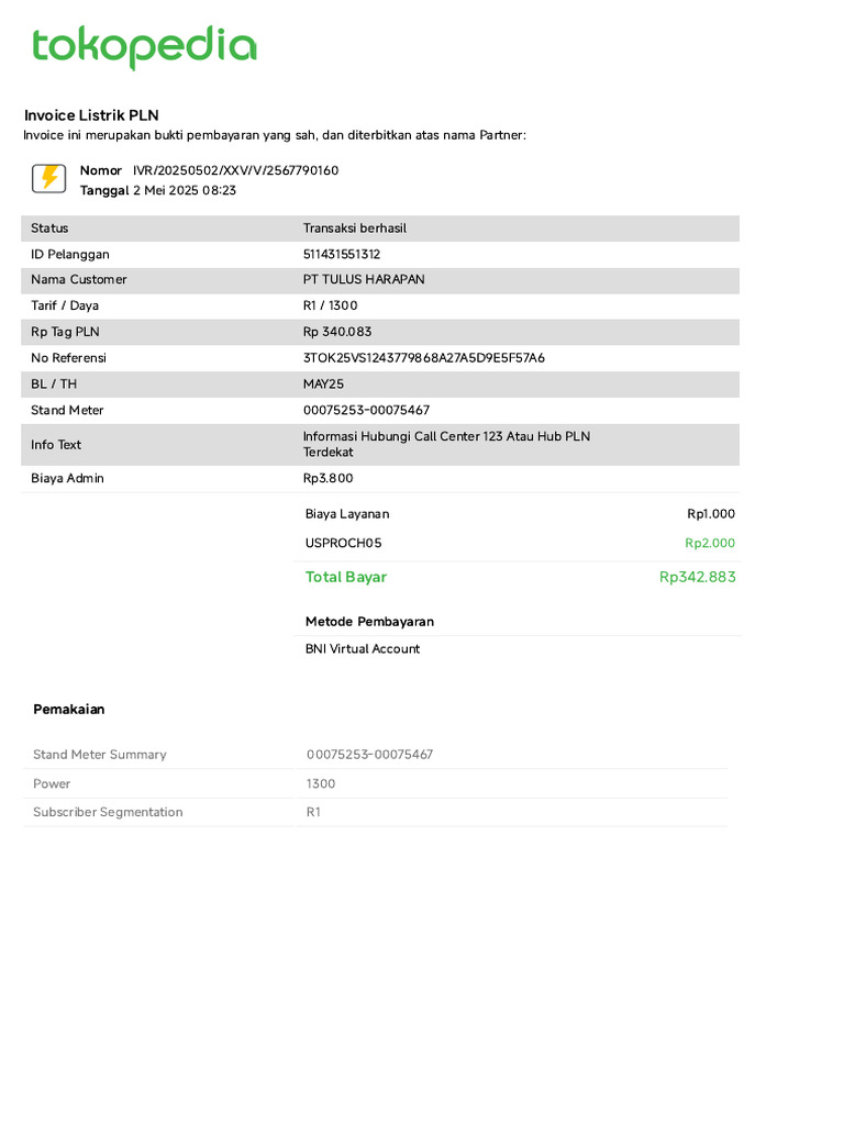 Invoice Pembayaran Listrik PLN 2025 | PDF