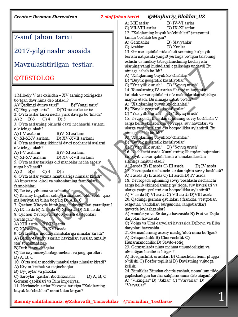 @tarixdan Testlaruz 7 Sinf Jahon Tarix Mavzulashtirilgan Testlar | PDF