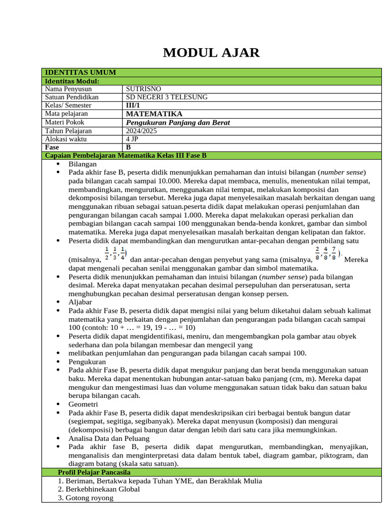 Modul Ajar Matematika Kelas 3 Praktek Ke 9 | PDF