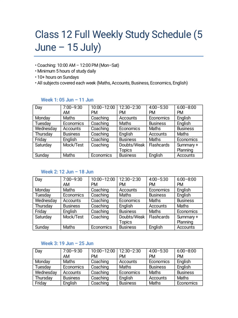 Class12 Full Weekly Schedule 5june 15july | PDF