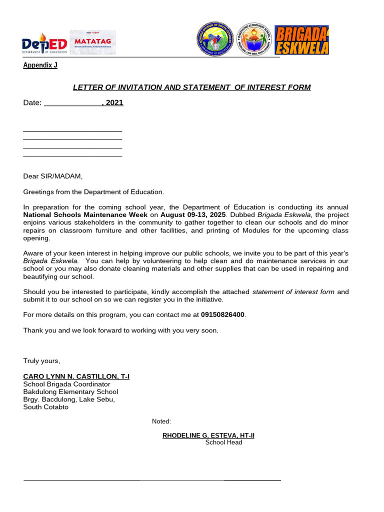 Appendix K-M.letter of Invitation. Statement of Interest Form | PDF