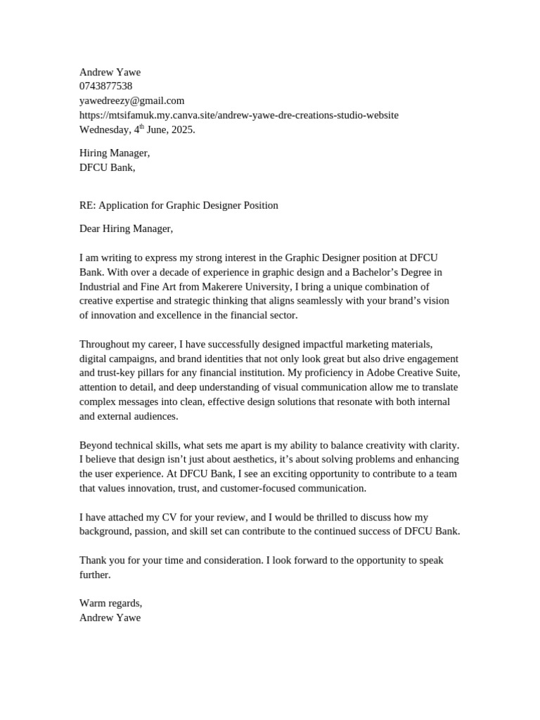 Andrew Yawe Cover Letter | PDF