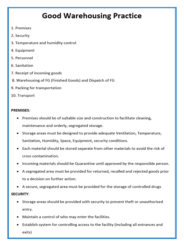 Good Warehousing Practices Checklist | PDF | Warehouse