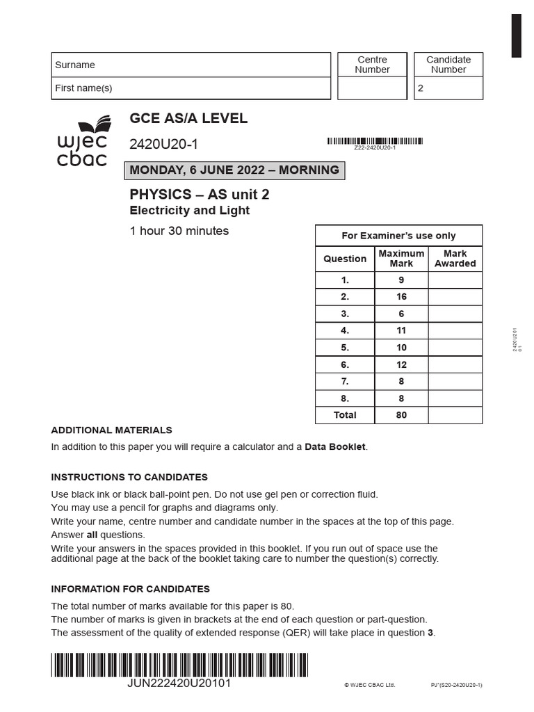 June 2022 QP - Unit 2 WJEC Physics AS-Level | PDF | Laser | Wavelength
