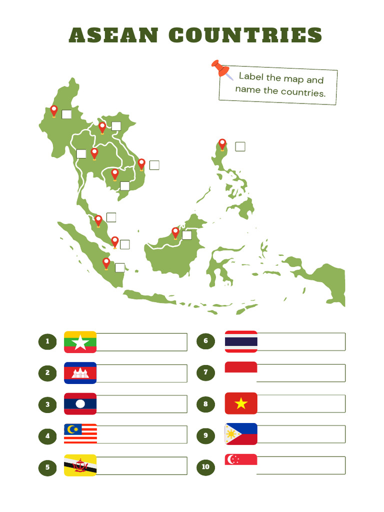 ASEAN Countries Worksheet in Red Green Hand-Drawn Style | PDF