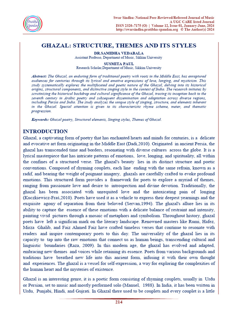 Ghazal Structure, Themes and Its Styles | PDF | Poetry