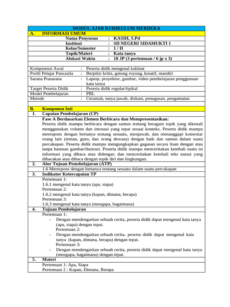 Modul Ajar Bahasa Indonesia - Modul Ajar Kata Tanya Bahasa Indonesia ...