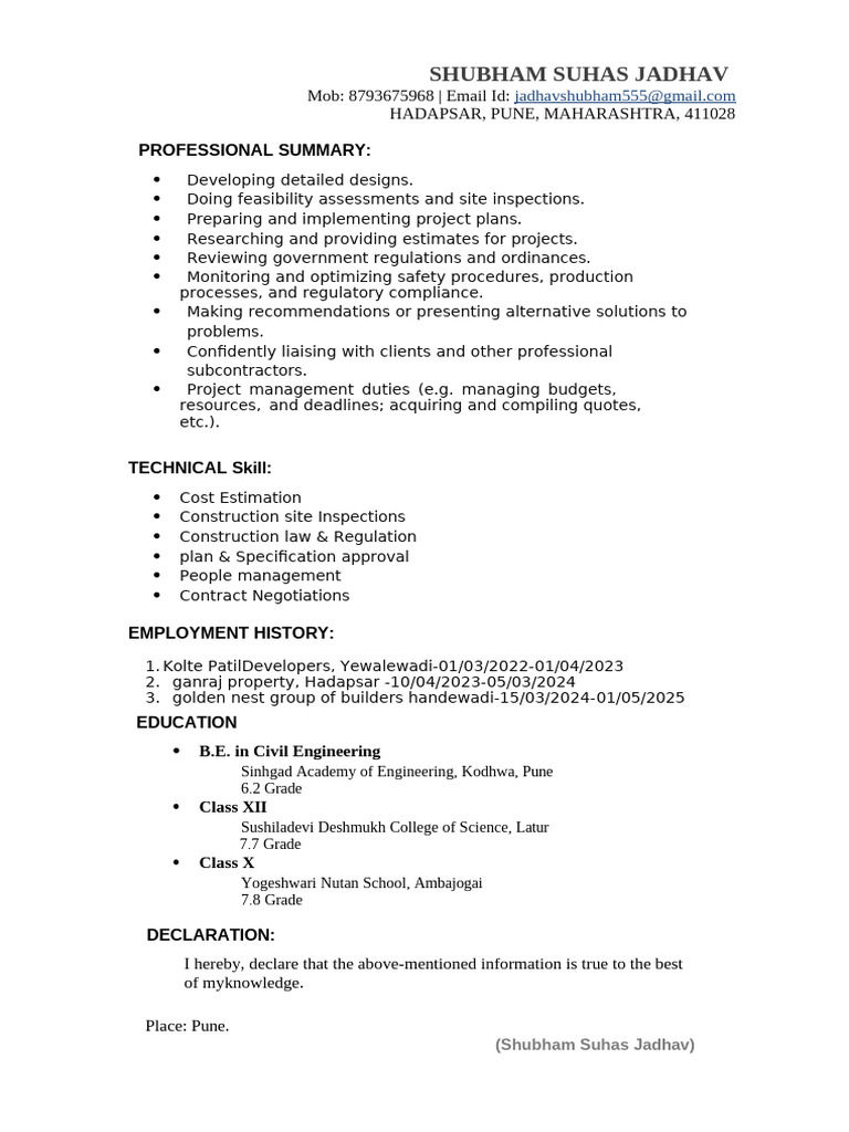 Civil Engineer Resume of Shubham Jadhav | PDF