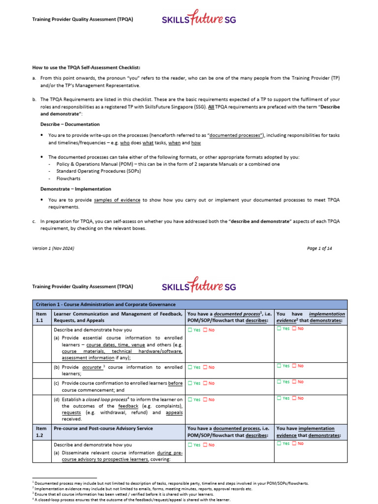 TPQA Self-Assessment Checklist Guide | PDF | Strategic Planning ...