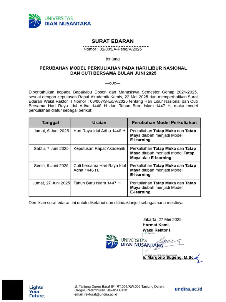 Surat Edaran - Perubahan Model Perkuliahan-Bulan Juni 2025 | PDF