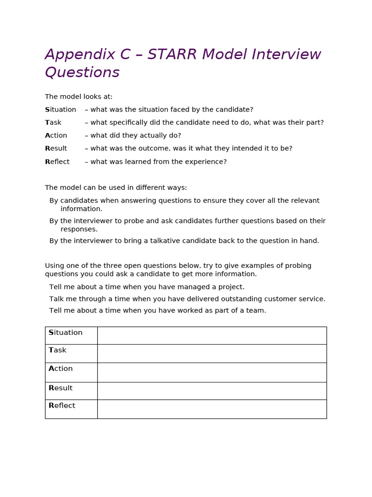 Appendix C - STARR Model Interview Questions v4 | PDF | Cognition