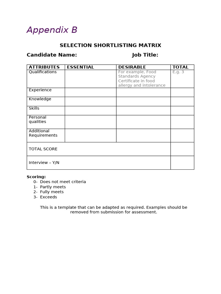 Appendix B - Selection Shortlisting Matrix v4 | PDF