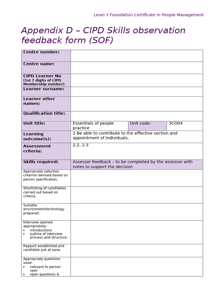 CIPD Skills Observation Feedback Form | PDF | Learning | Cognitive Science