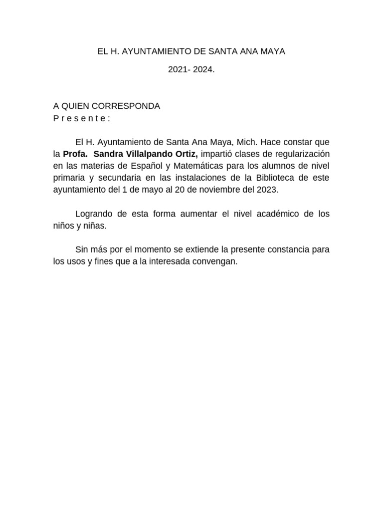 Carta Sandra Hayuntamiento | PDF