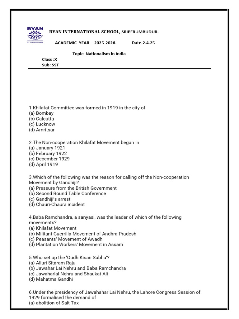 Nationalism in India: Class X SST Quiz | PDF