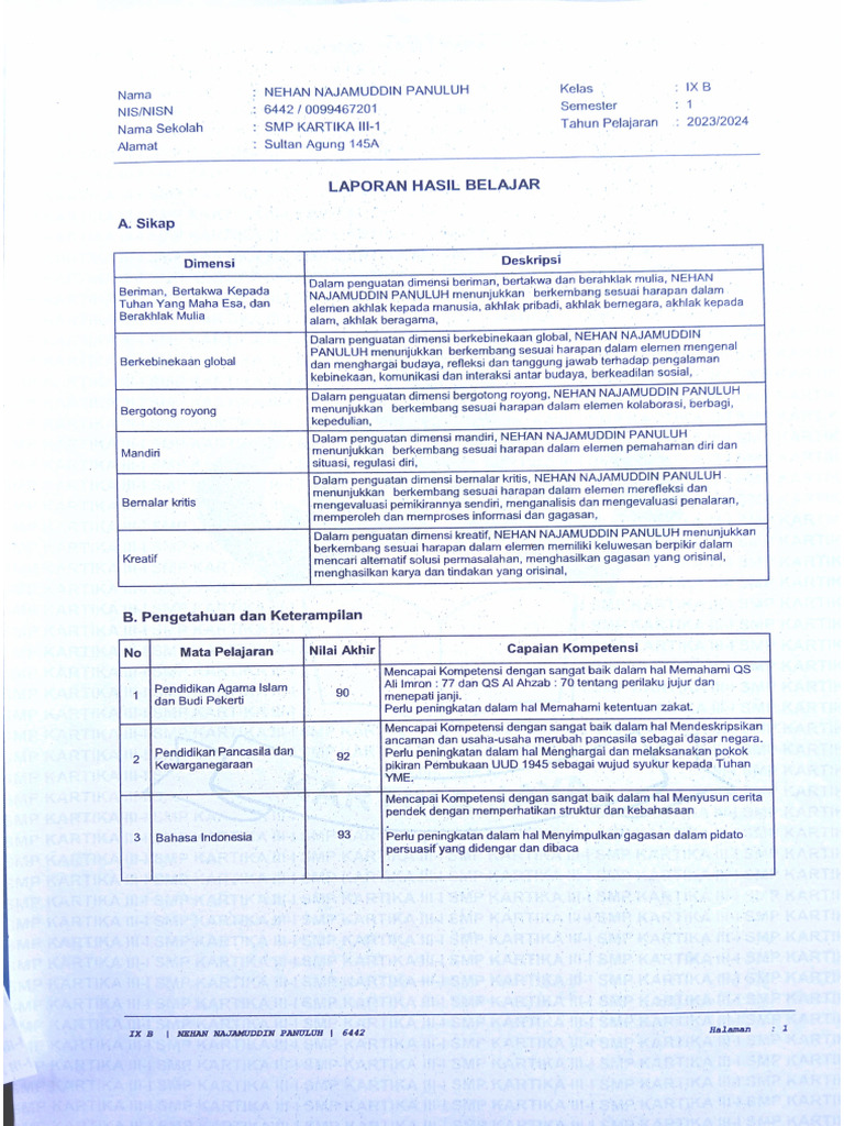 Raport kls 9, Nehan N.P | PDF