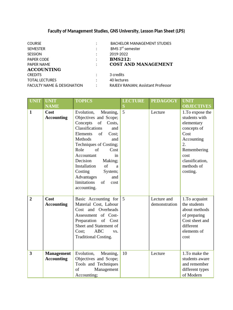 Lesson Plan Sheet Cost and MGT Accounting | PDF | Business | Business Economics